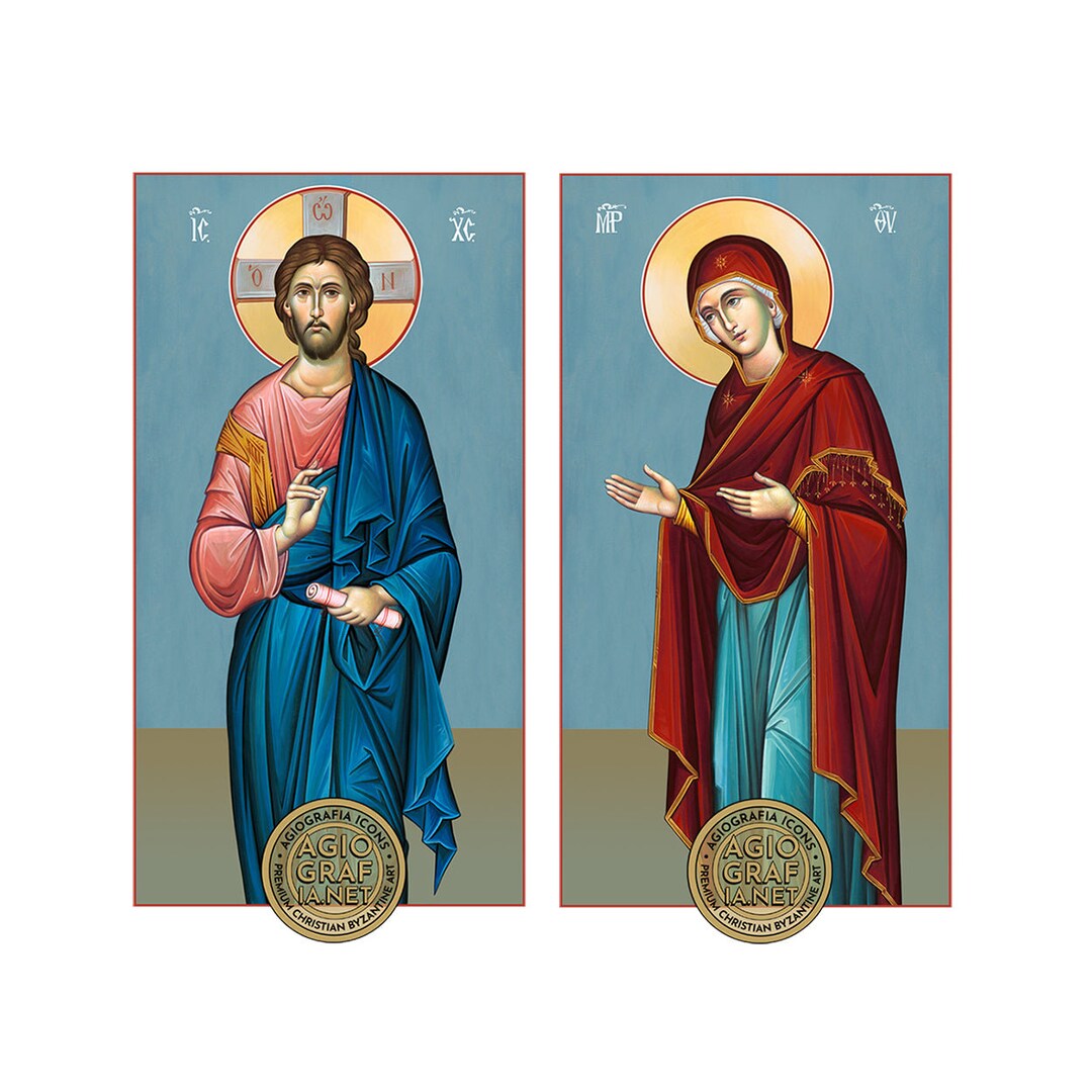 Set of 2 Cathedral Icons Jesus Christ & Virgin Mary GOLD LEAF Wood ...