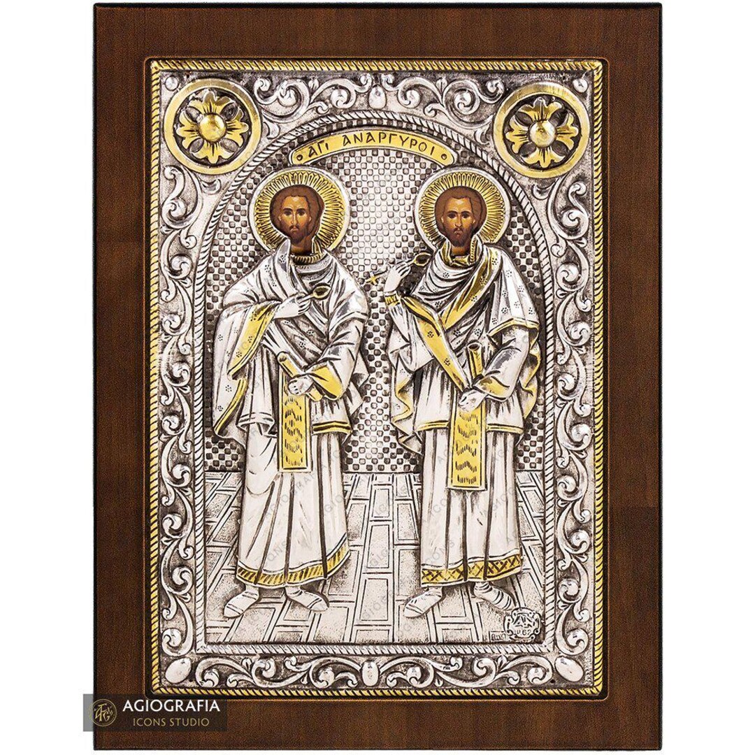 Saints Cosmas and Damianos Orthodox Silver Plated Icon on Wood Silver ...
