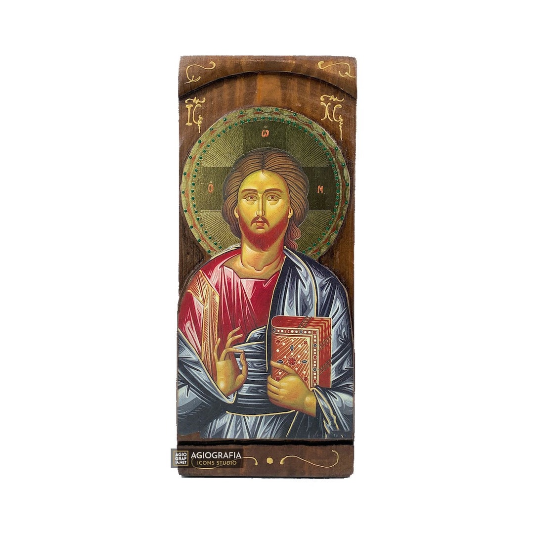 Jesus Christ Wood Curved Byzantine Christian Orthodox Icon on Natural ...