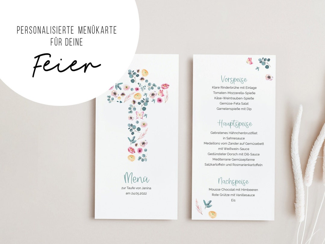 Menu Card Cross Baptism Communion Confirmation Menu Girls Personalized ...