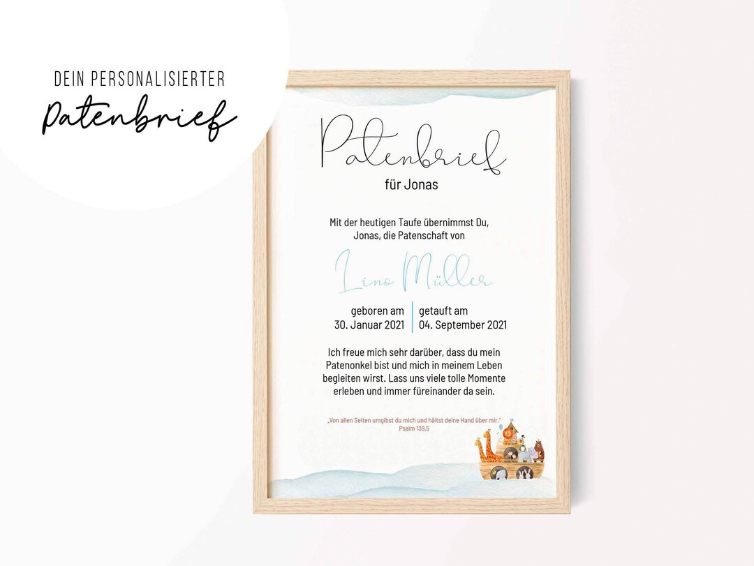 Godparent Letter Baptism Noah's Ark Blue Godparent Picture Baptism ...