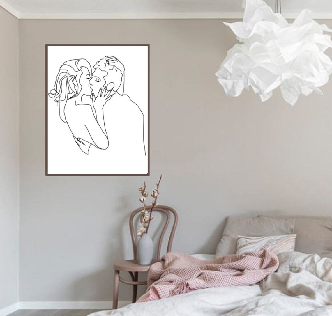Couple Kiss Print Line Contour Drawing Bedroom Wall Decor | Etsy