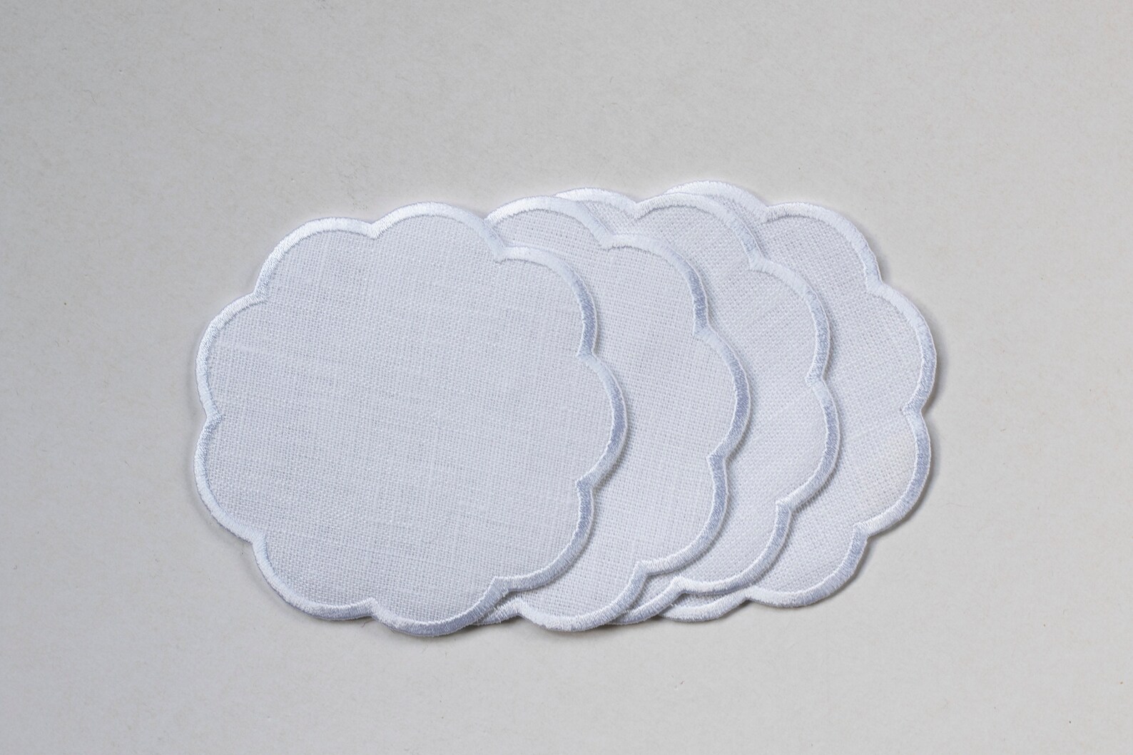 Round Scalloped White Linen Coasters Cocktail Napkins Set of | Etsy