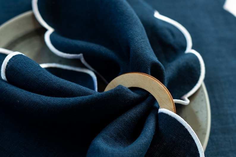 Navy linen cloth scallop napkins set for table decor set of 4 | Etsy
