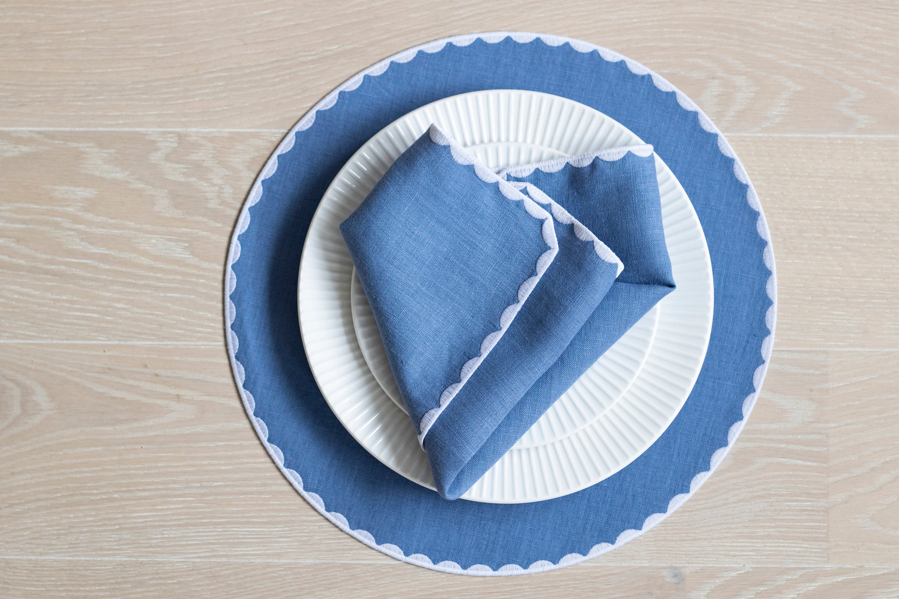 Sky Blue Linen Round Table Mats With White Trim for Table | Etsy