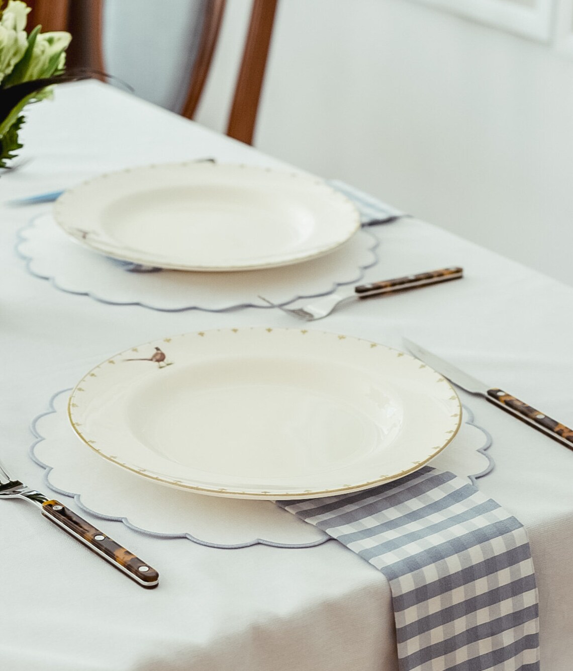White linen round table mats with scallop edges in coral for | Etsy