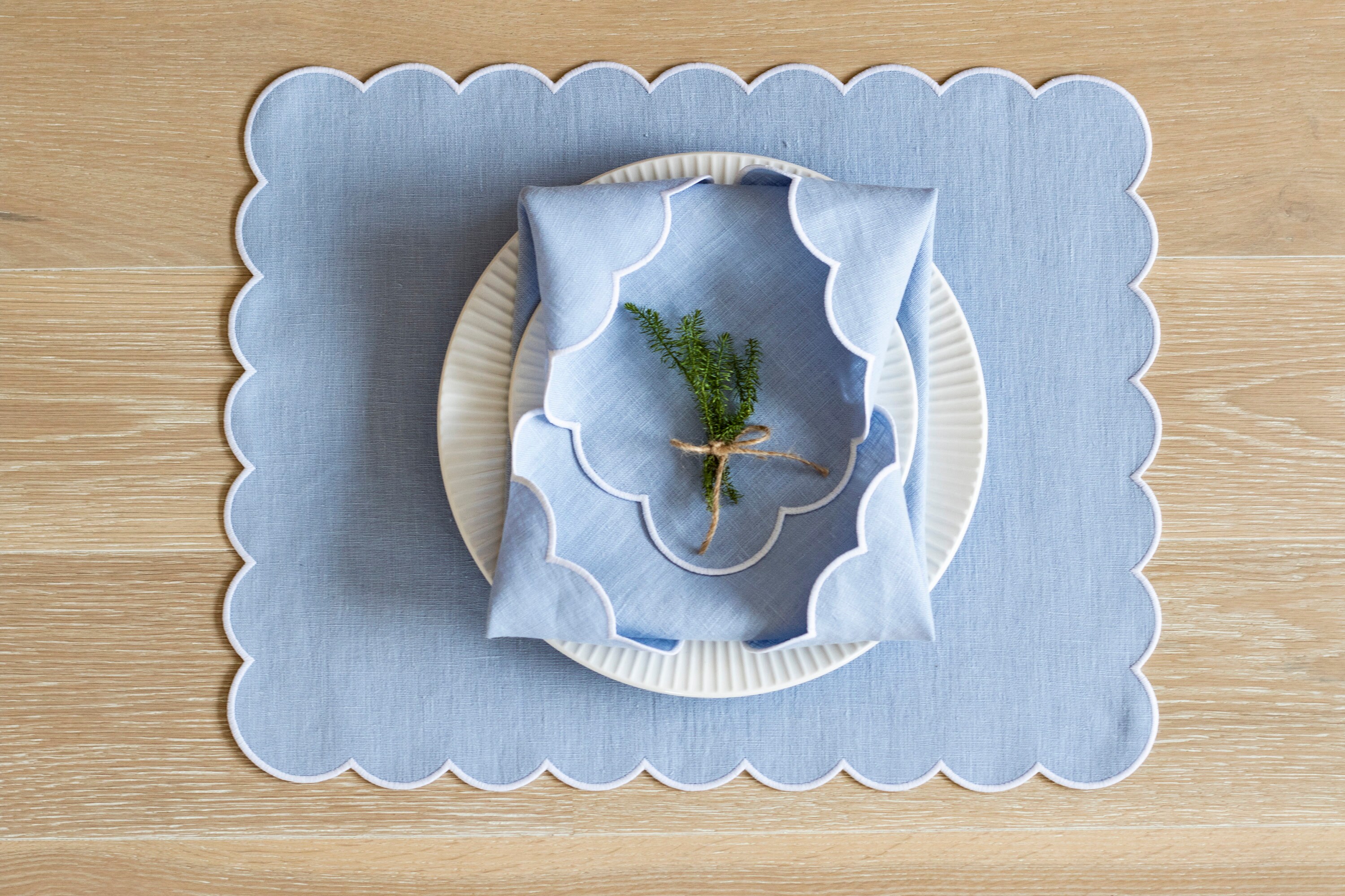 Baby blue linen cloth scallop napkins with white trim for | Etsy