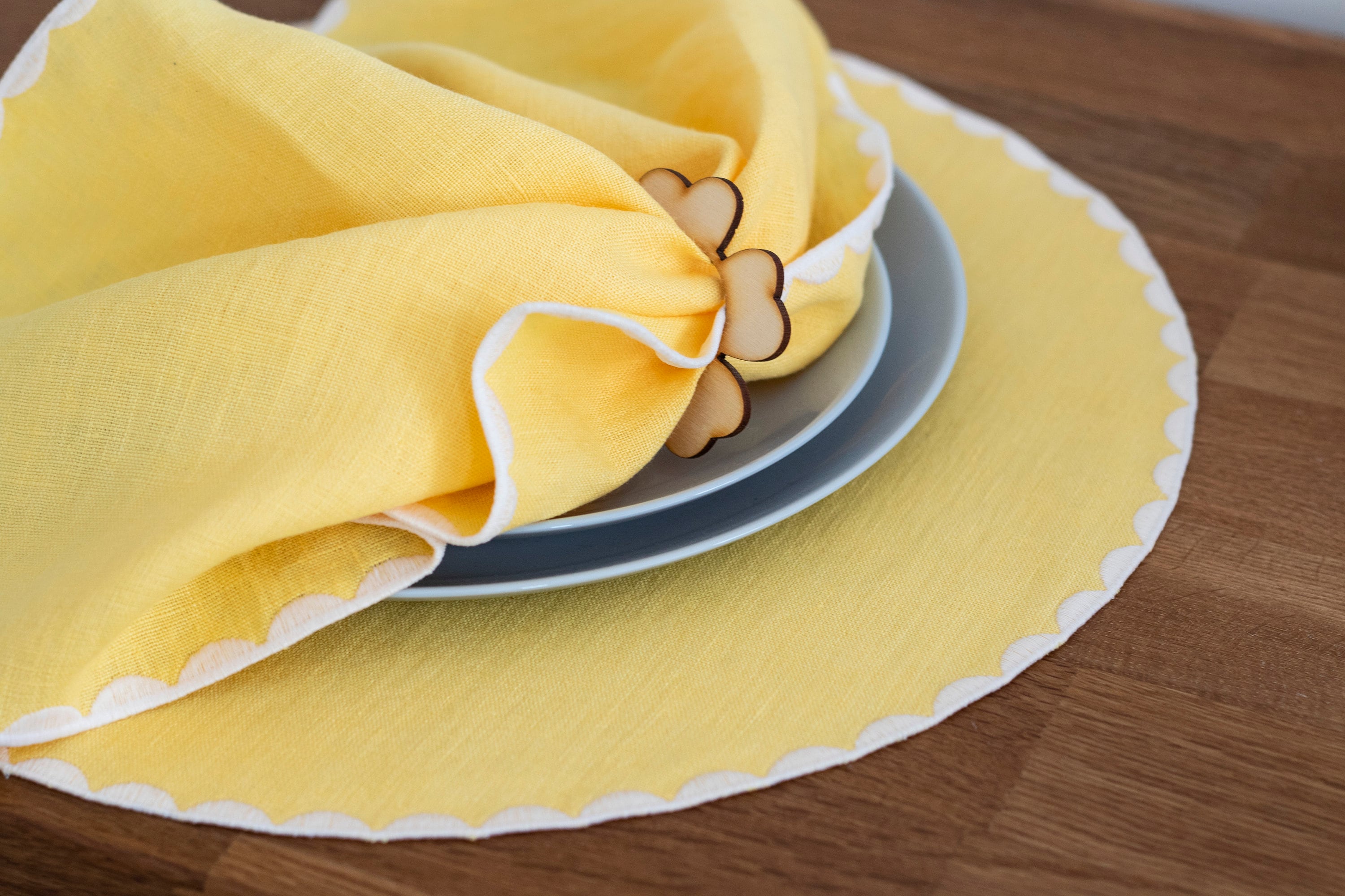 Pastel Yellow Linen Round Table Mats With White Trim for Table | Etsy