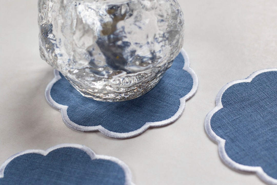 Scalloped Blue Linen Coasters With White Trim, Set of 4 - Etsy
