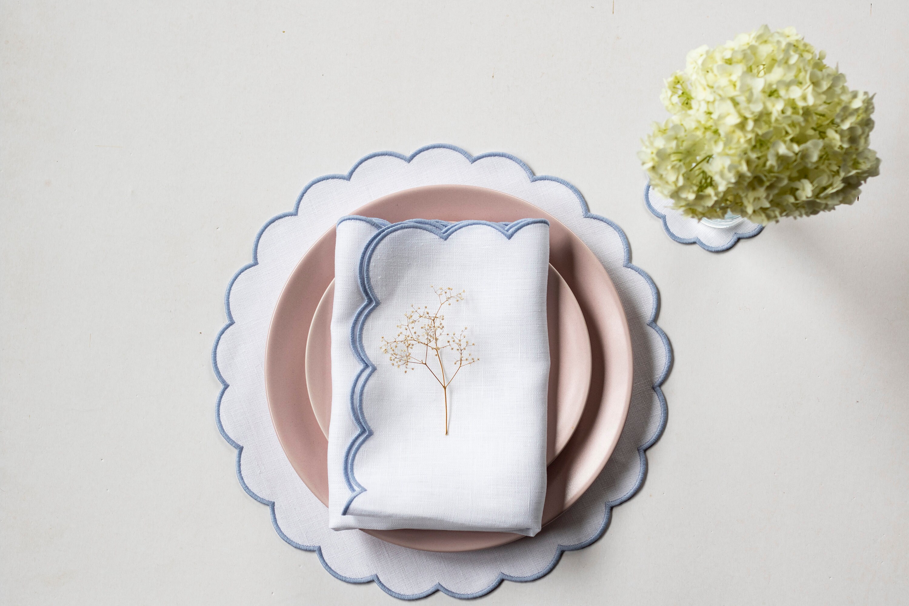 White Linen Round Table Mats With Scallop Edges in Blue for | Etsy