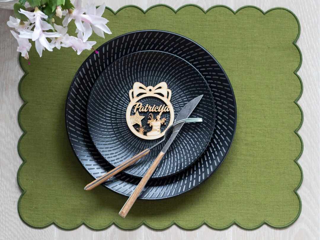 Moss Green Linen Table Mats With Scallop Edges in Green for Table Decor ...