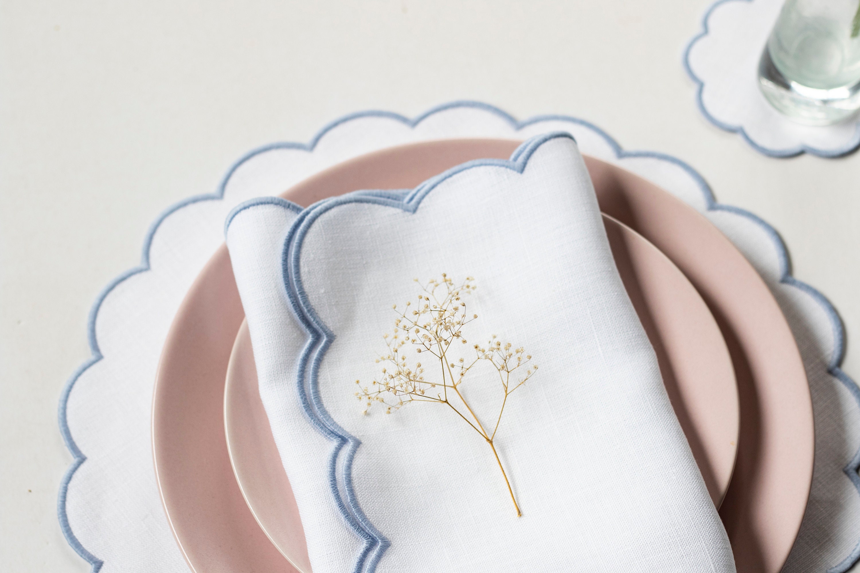 White Linen Round Table Mats With Scallop Edges in Blue for | Etsy