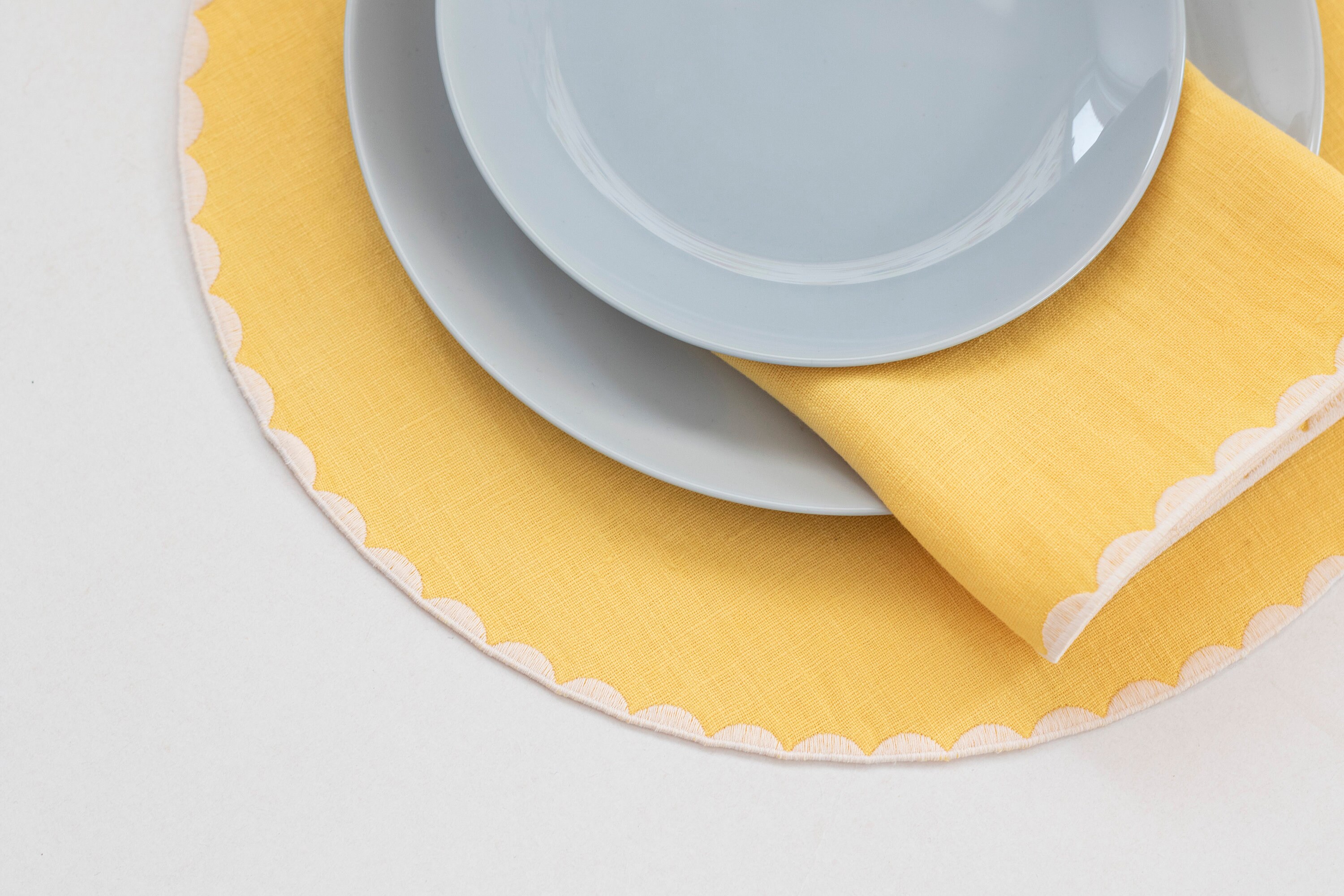 Pastel Yellow Linen Round Table Mats With White Trim for Table - Etsy