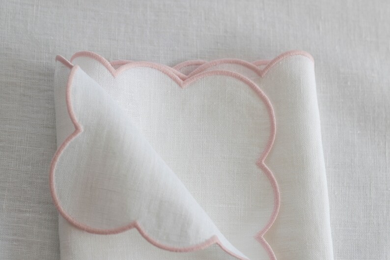 Snow White Linen Cloth Scallop Napkins With White/pink Trim - Etsy