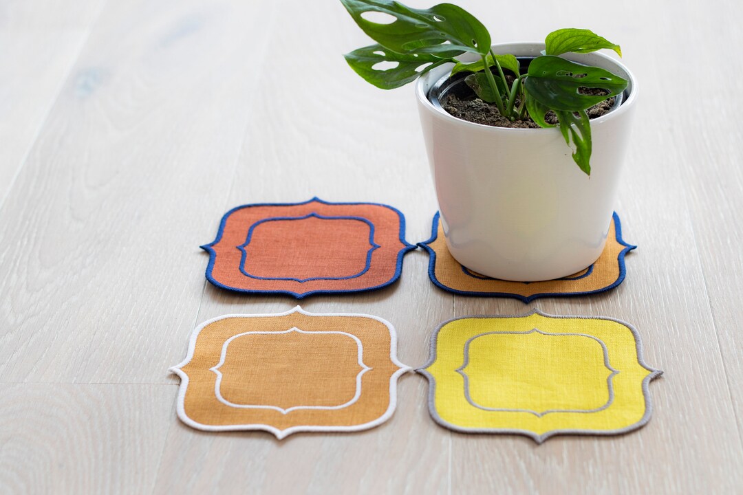 Linen Coasters With Double Trim Cocktail Napkins Set of 4, Many Colors ...