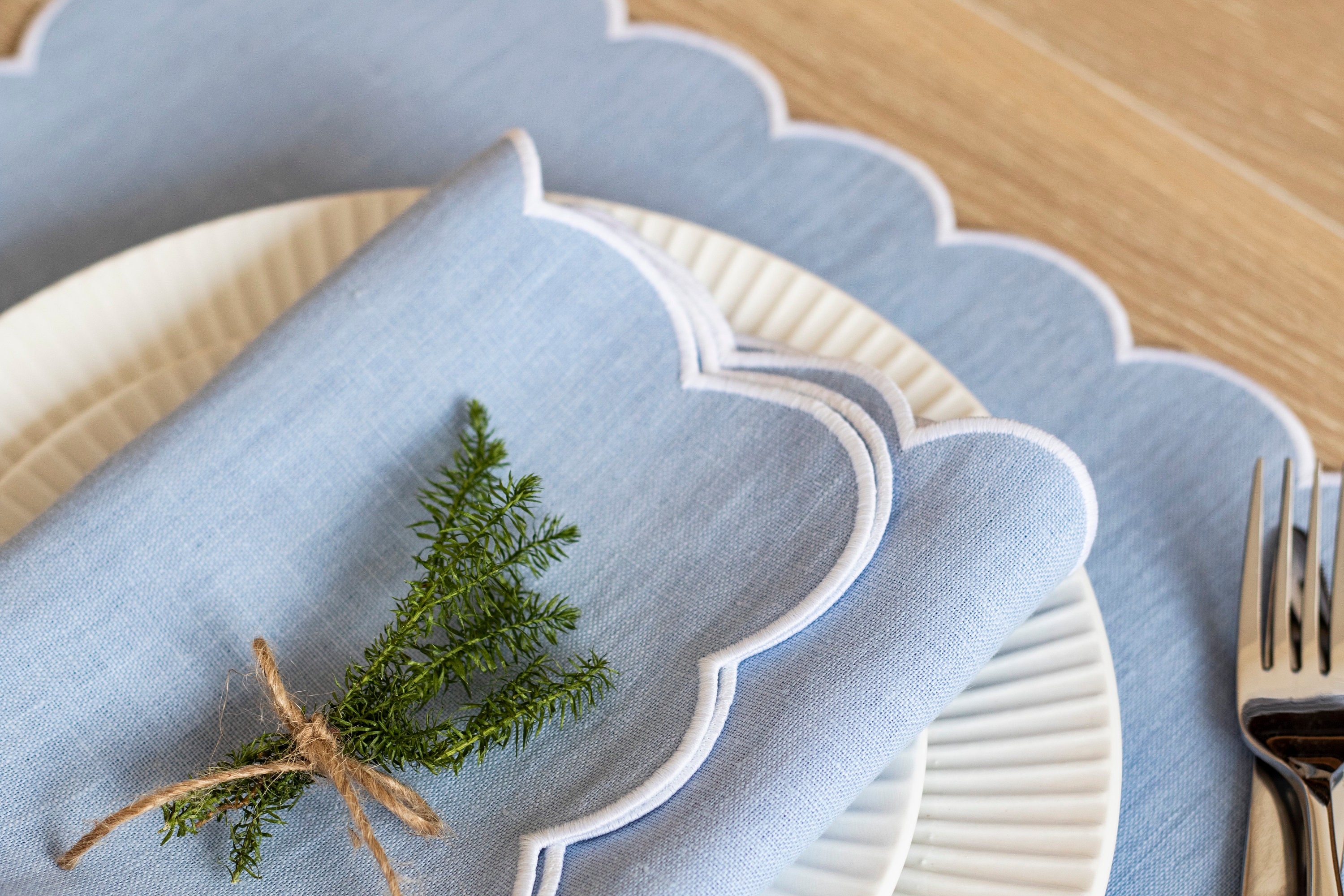 Baby Blue Linen Napkins With White Scallop Trim, Table Decor - Etsy