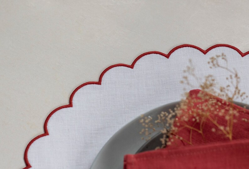 White linen round table mats with scallop edges in coral for | Etsy