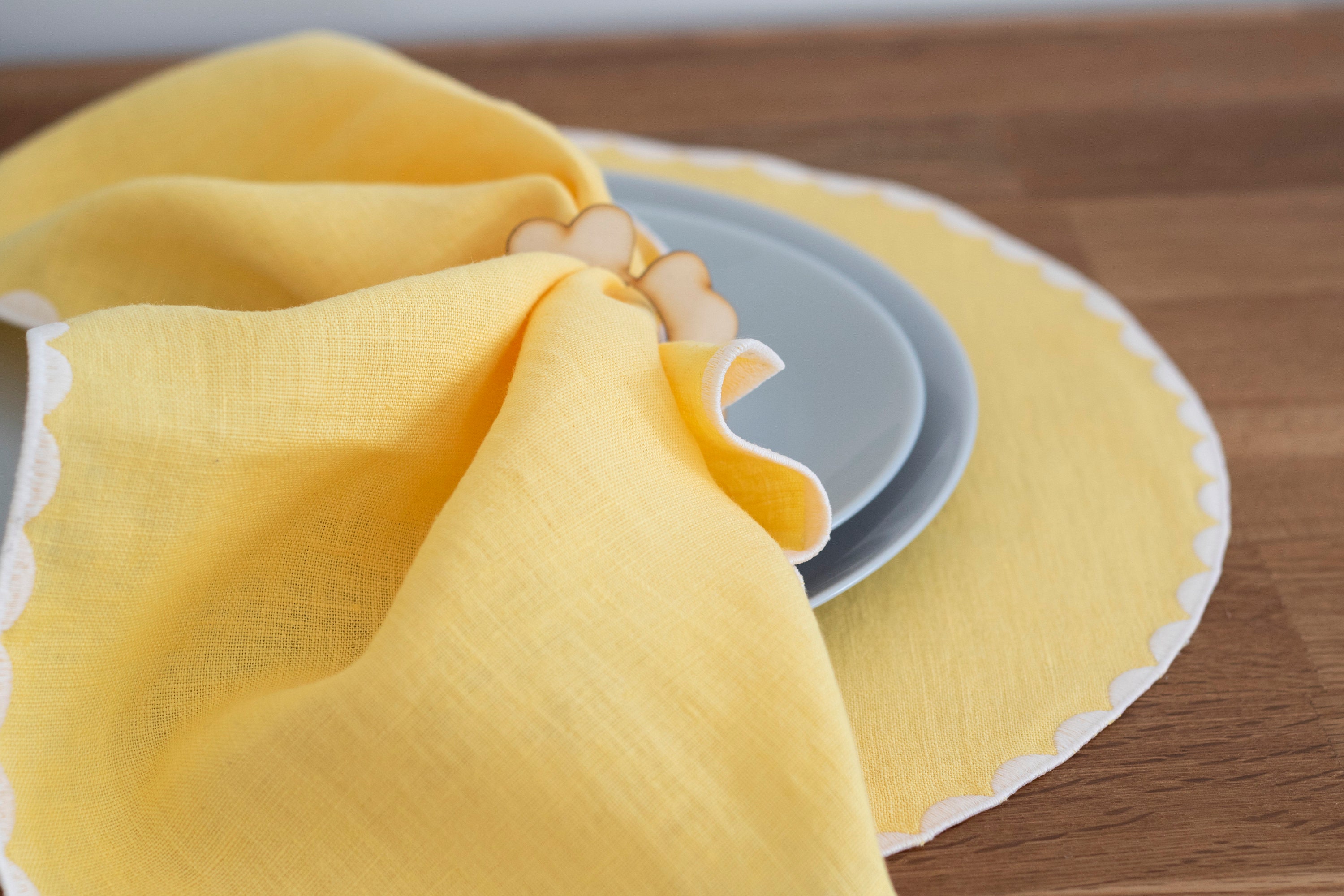 Pastel Yellow Linen Round Table Mats With White Trim for Table - Etsy
