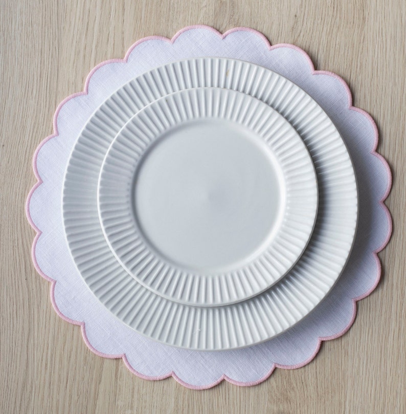 Snow White Linen Cloth Scallop Napkins With White/pink Trim - Etsy