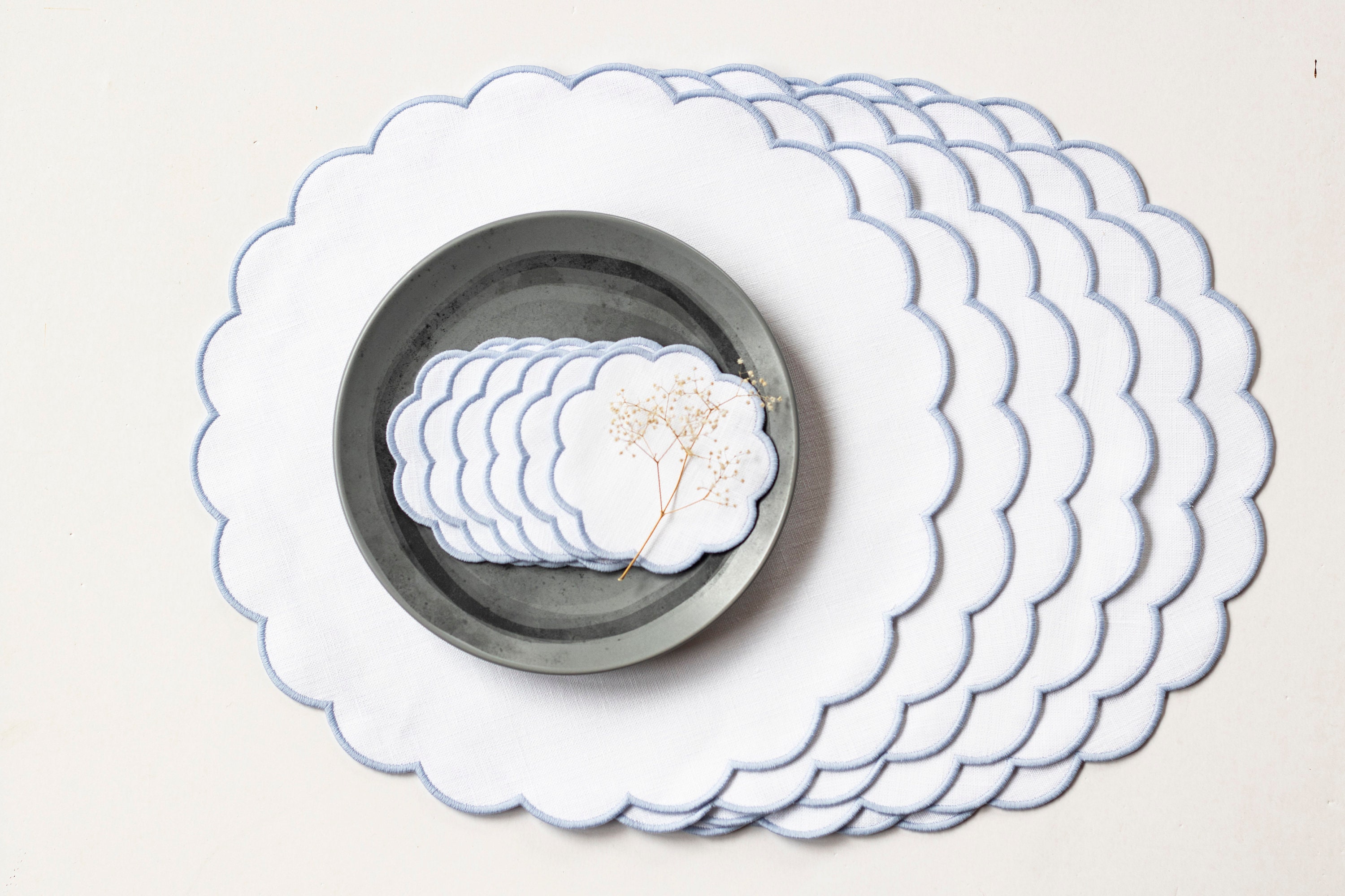 White Linen Round Table Mats With Scallop Edges in Blue for | Etsy
