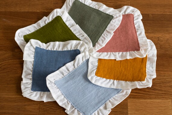 Colorful linen coasters with white ruffle linen coasters set | Etsy