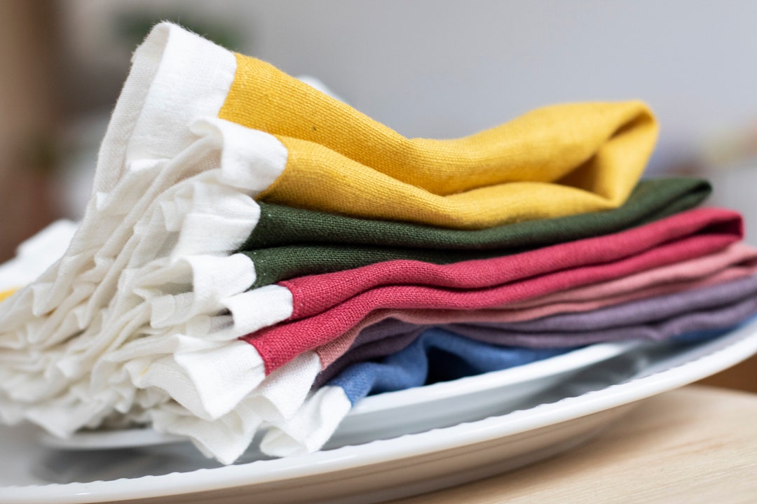Colorful Linen Napkins With Ruffle Edge, Cloth Napkin Set (14x14) - Etsy