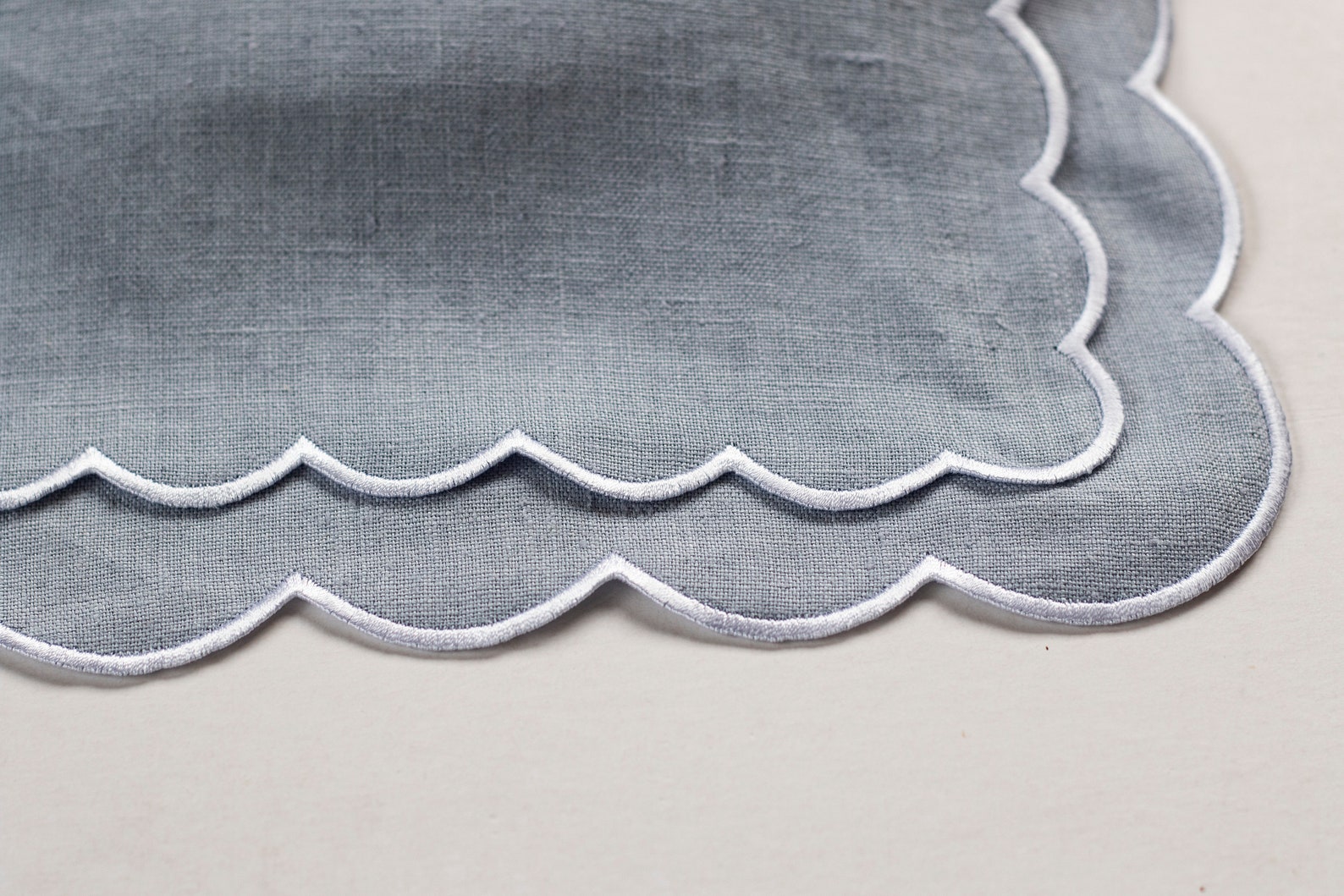 Baby blue linen cloth scallop napkins with white trim for | Etsy