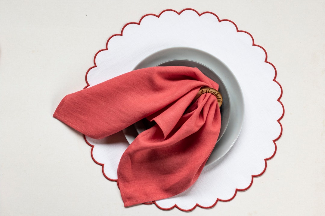 White Linen Round Table Mats With Scallop Edges in Coral for Table ...