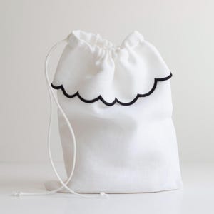 White Linen Drawstring Bag With Black Scalloped Edges, 19x26cm ...