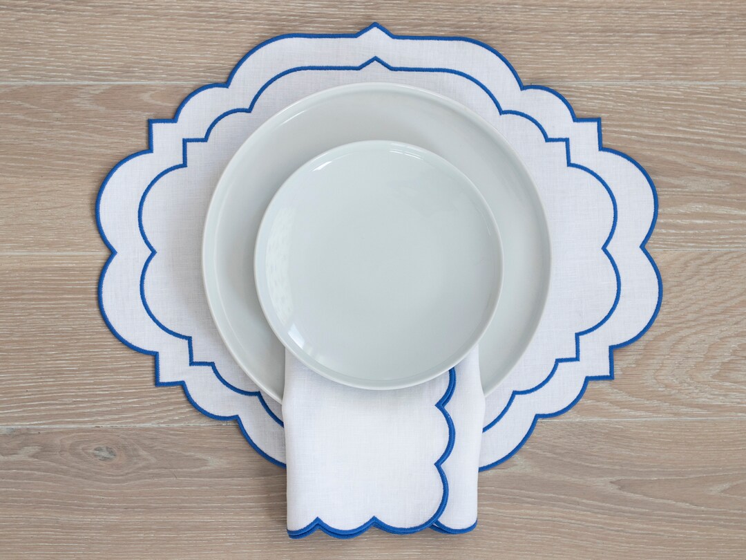 White Linen Scalloped Table Mats With Double Blue Trim for Table Decor ...