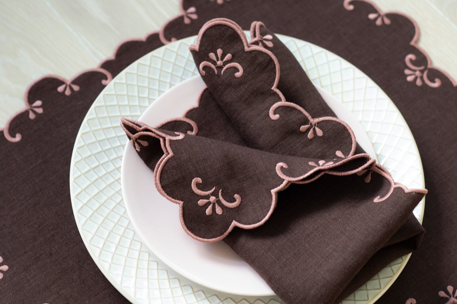 Chocolate Brown Linen Scalloped Table Mats With Double | Etsy