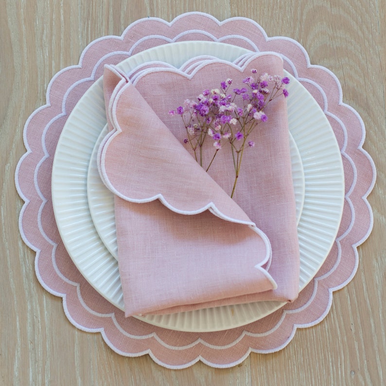 Pastel Pink Linen Round Table Mats With Scallop Edges in White - Etsy