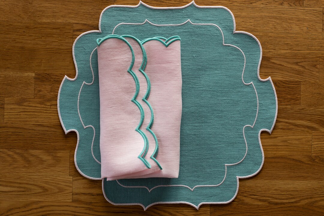 Mint Linen Small Table Mats With Light Pink or Mint Trim for Table ...
