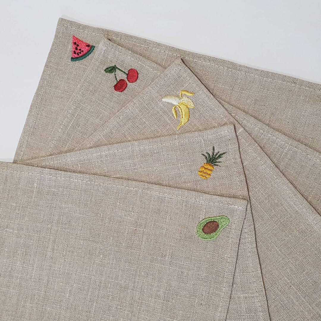 Fruit Embroidery on Natural Linen Napkins Embroidered Fruits on Natural ...