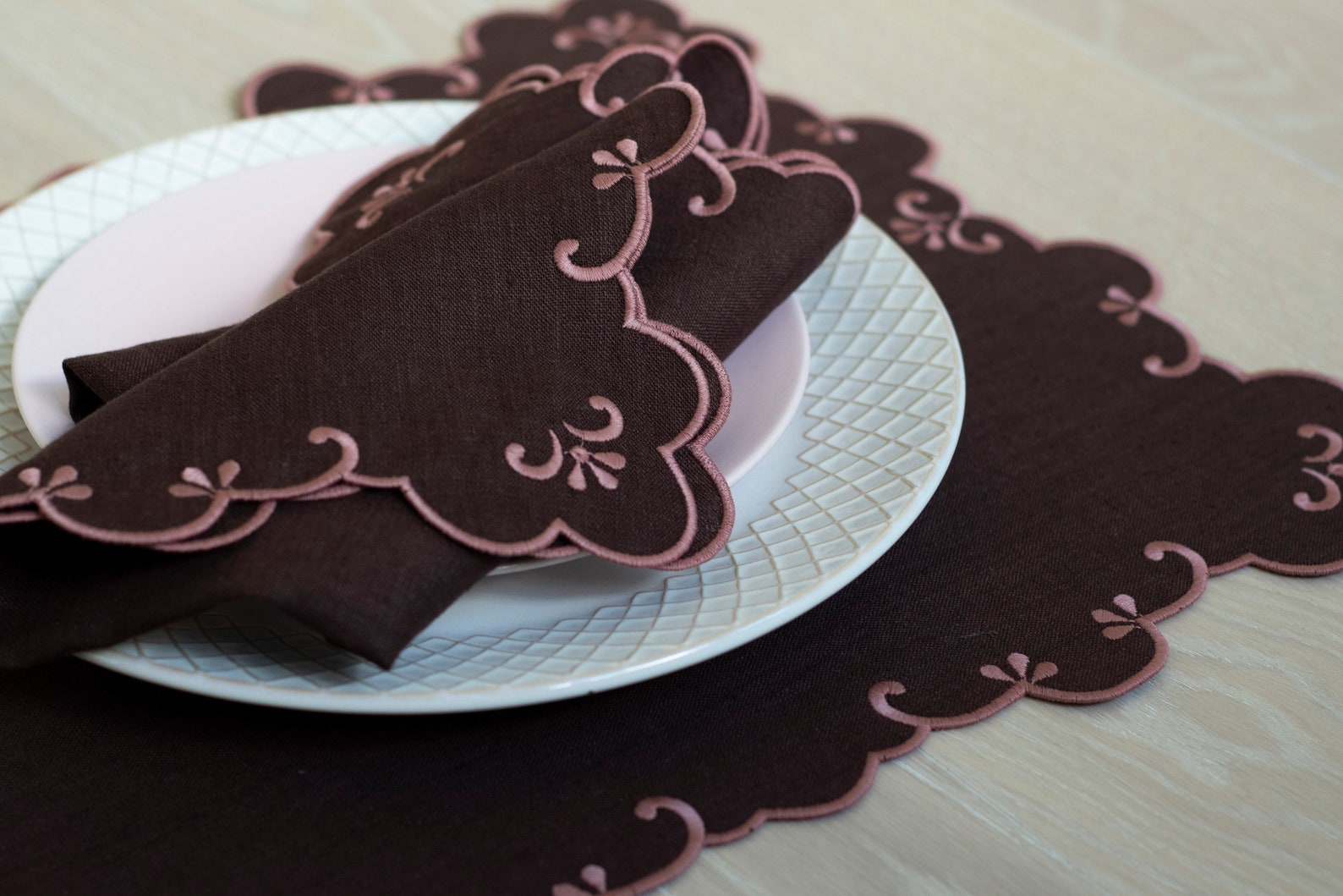 Chocolate Brown Linen Scalloped Table Mats With Double | Etsy