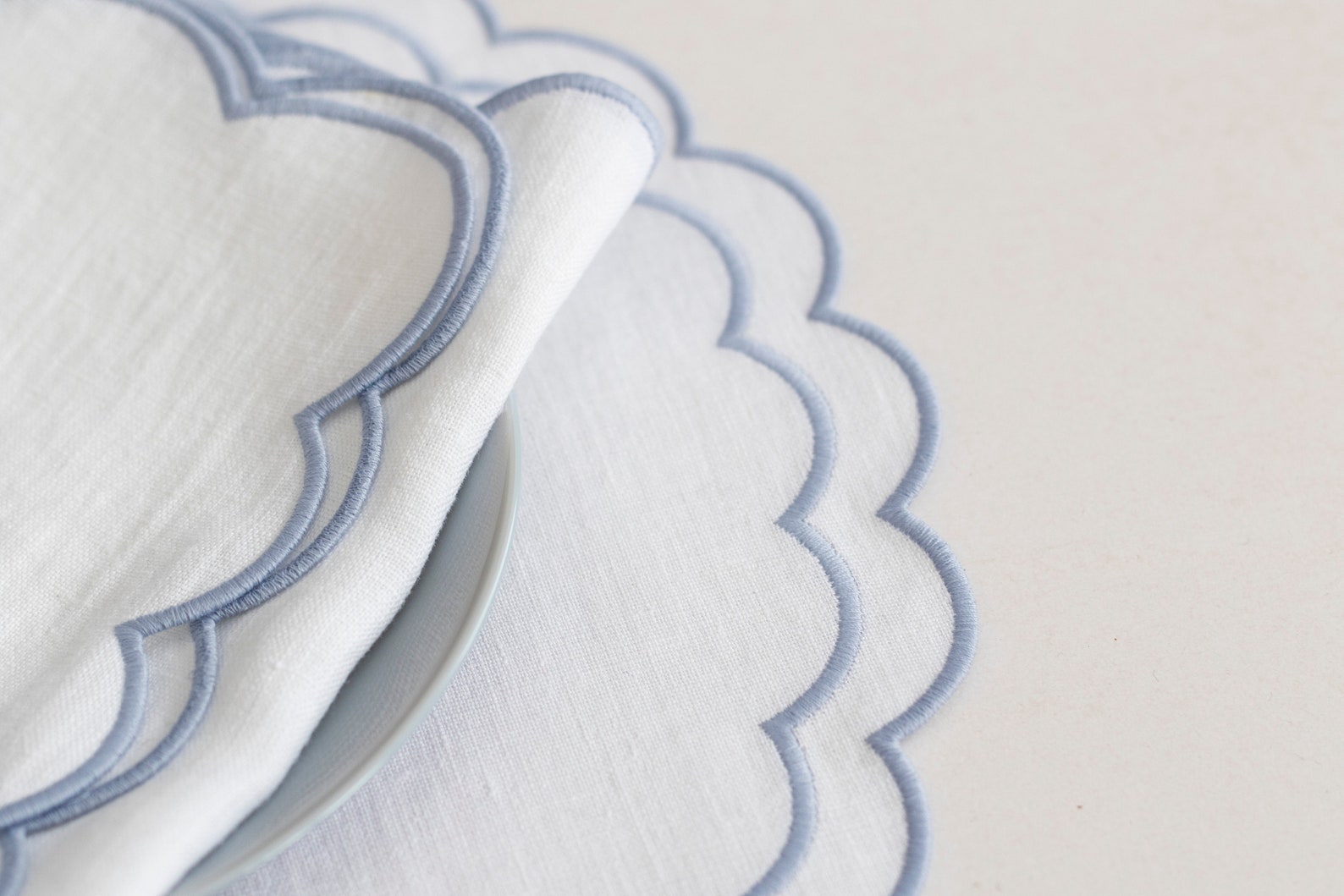 White Linen Round Table Mats With Scallop Edges in Light Blue - Etsy