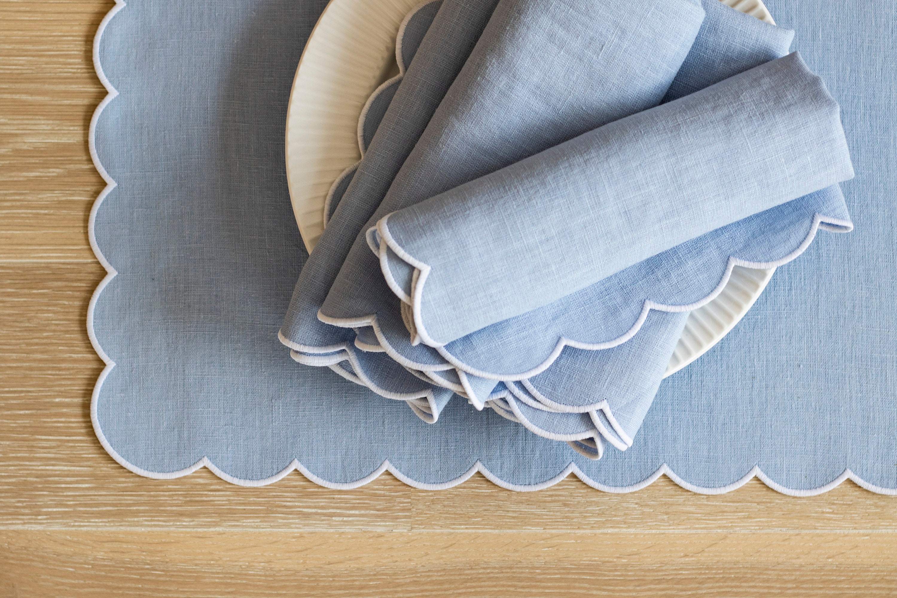 Baby blue linen cloth scallop napkins with white trim for | Etsy