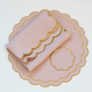 Chic Blush Pink Linen Round Table Mats With Scallop Edges in Gold or ...
