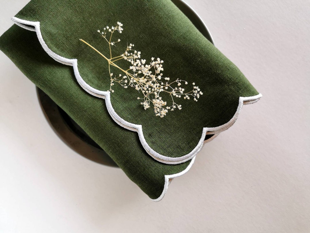 Dark Moss Green or Chocolate Brown Linen Cloth Scallop Napkins Set ...
