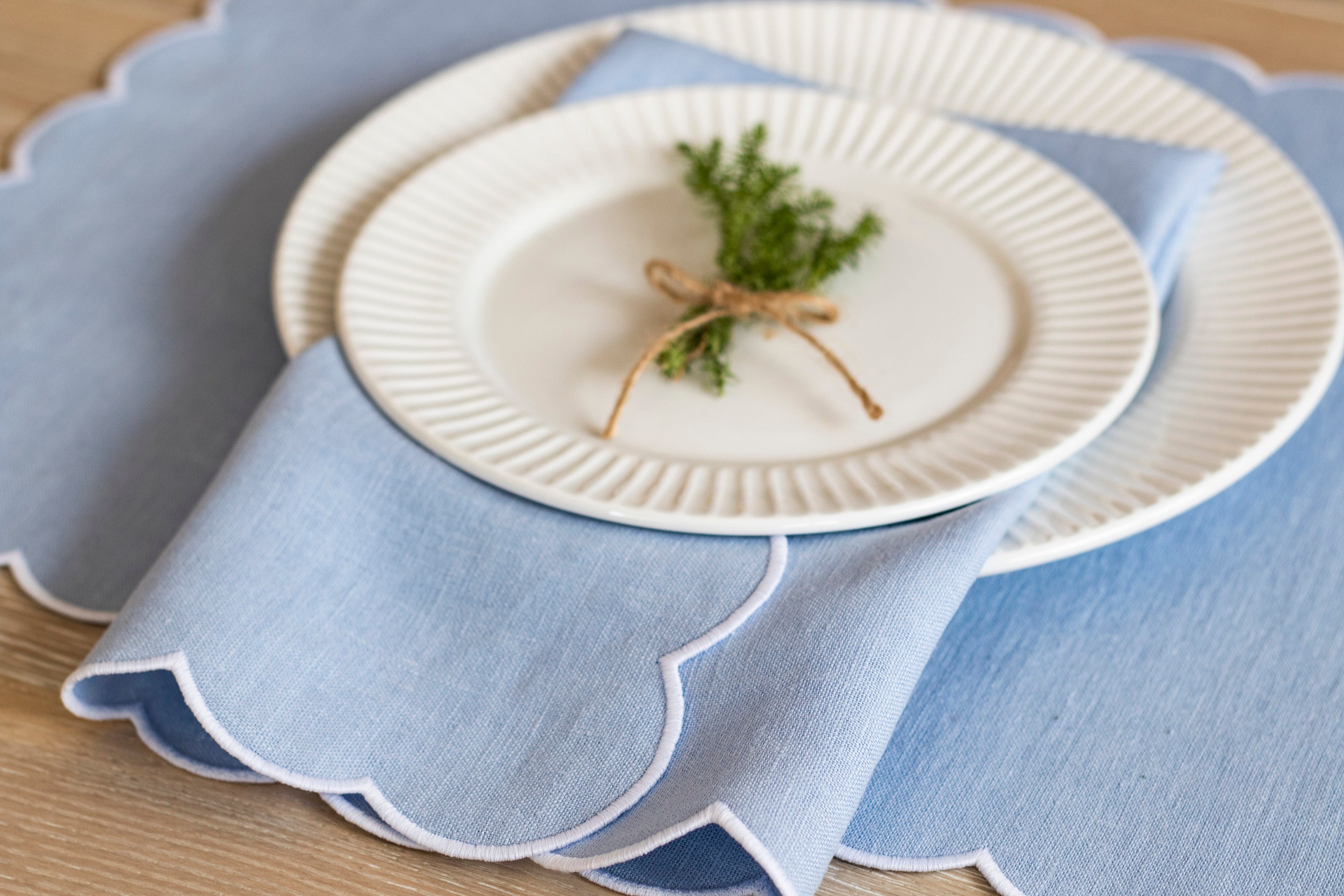 Baby blue linen cloth scallop napkins with white trim for | Etsy