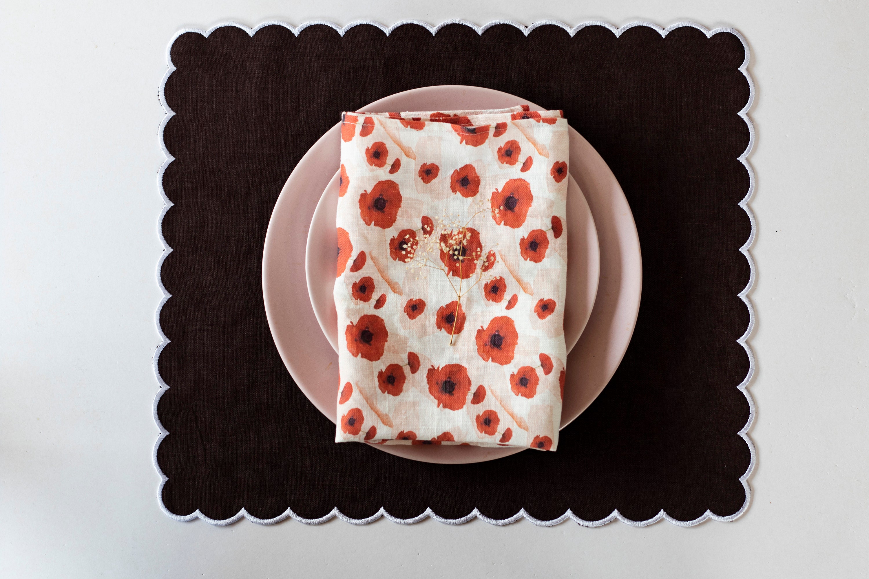 Chocolate brown linen table mats with scallop edges in white | Etsy