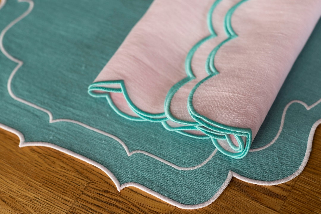 Mint Linen Small Table Mats With Light Pink or Mint Trim for Table ...