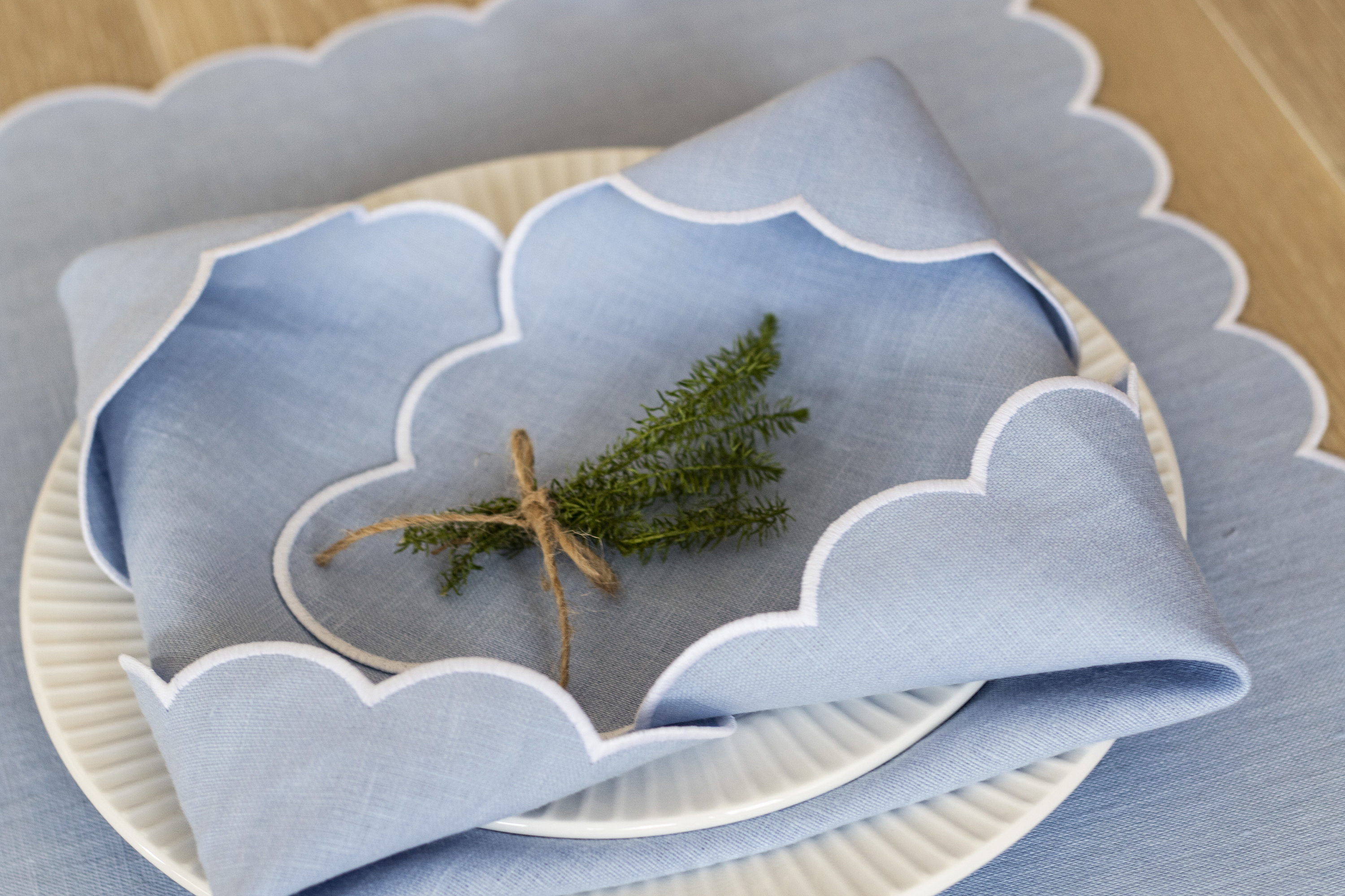 Baby blue linen cloth scallop napkins with white trim for | Etsy