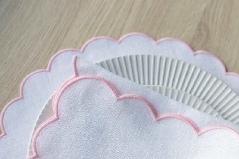 Snow White Linen Cloth Scallop Napkins With White/pink Trim - Etsy