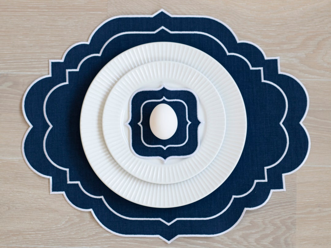 Navy Linen Scalloped Table Mats With Double White Trim for Table Decor ...