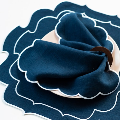 White Linen Cloth Scallop Napkins Set for Table Decor - Etsy