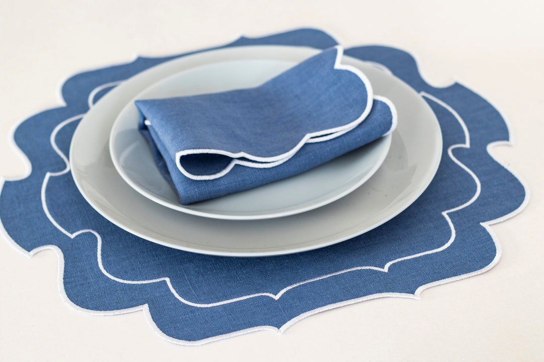 READY TO SHIP Sky Blue Linen Small Table Mats With Double White Trim ...