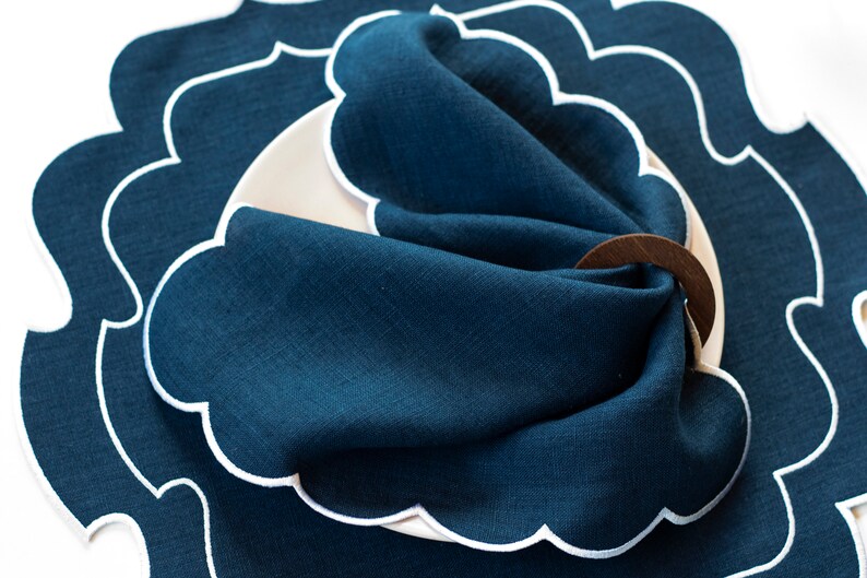 Navy Linen Cloth Scallop Napkins Set for Table Decor Set of 4 | Etsy