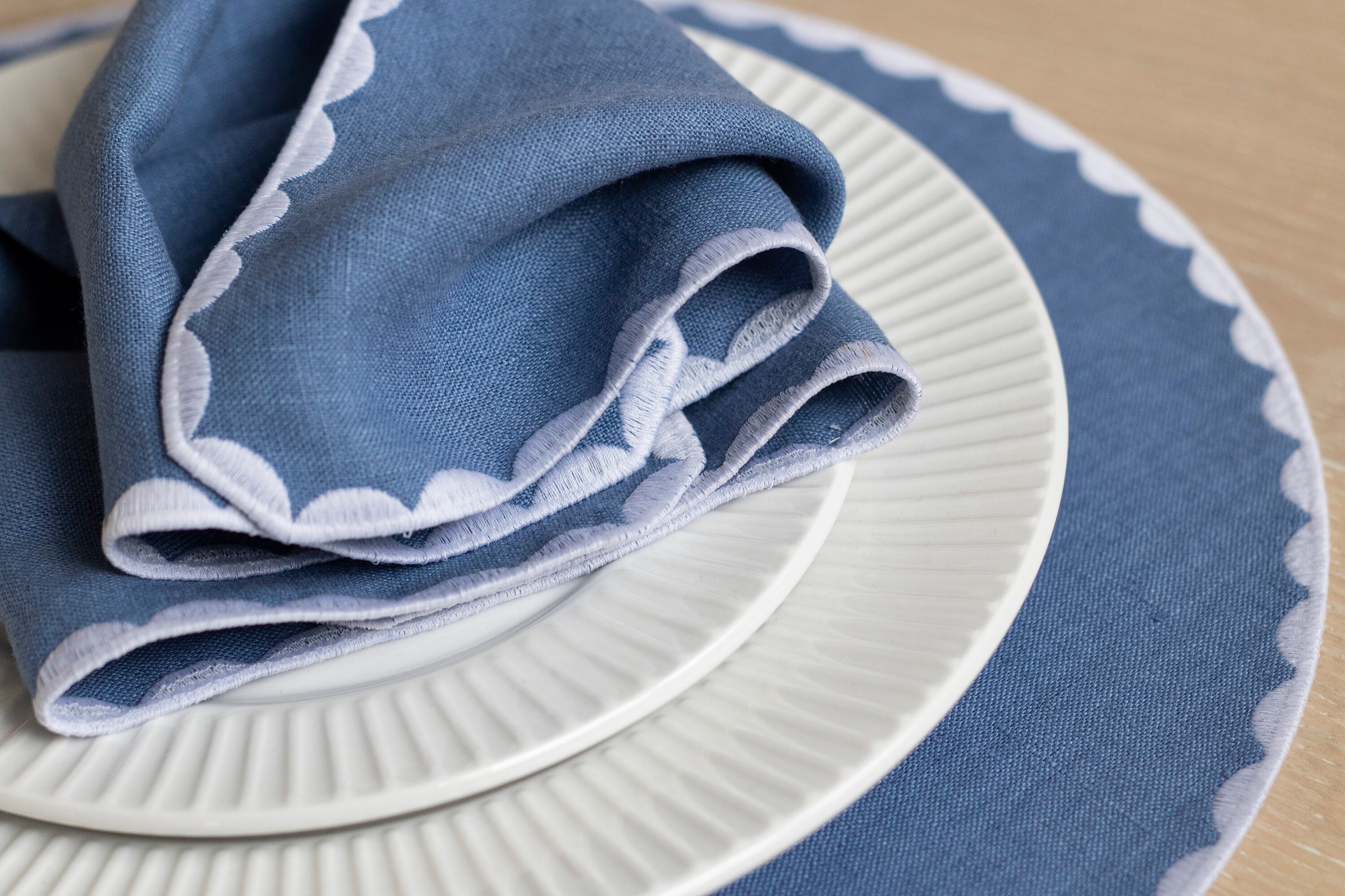 Sky Blue Linen Round Table Mats With White Trim for Table | Etsy