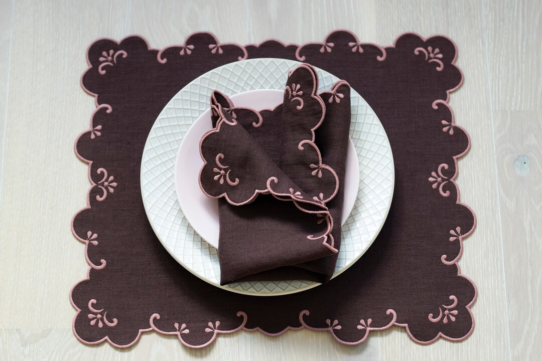 Chocolate Brown Linen Scalloped Table Mats With Double Woodrose Pink ...